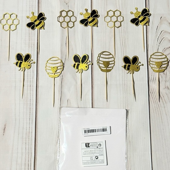 Party Supplies | 12pc Bumble Bee Cupcake Toppers Glitter Bee Honeycomb ...